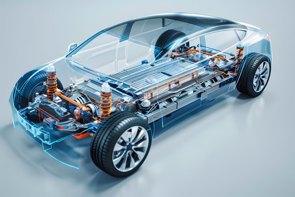 a transparent view of an electric vehicle's structure, highlighting the complex battery system ...