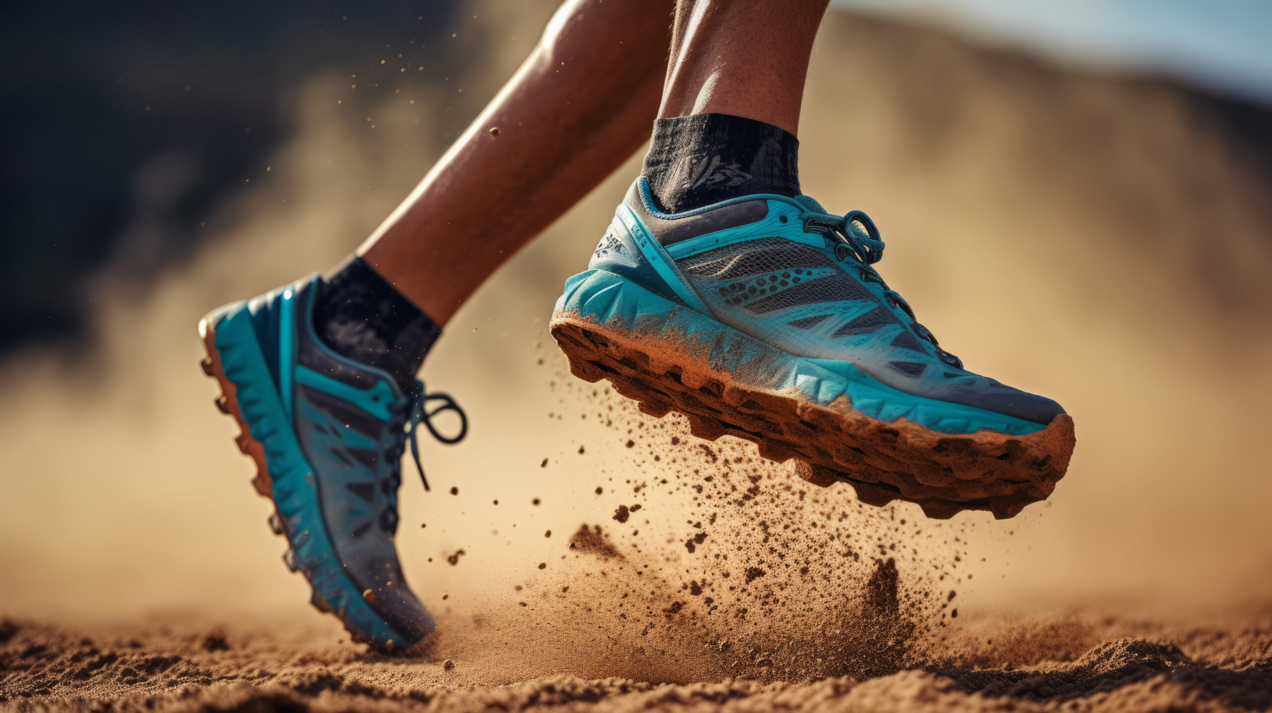 Trail runner sport shoes swiftly Running on a dusty Trail, showing ...